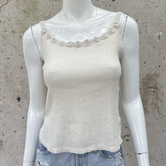 Balkan | Tops | Vintage 97s Gauzy Stretchy Cream Tank Top W Crochet ...